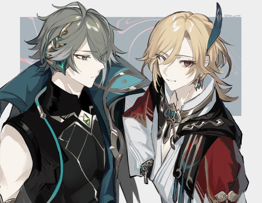 Safebooru - 2boys absurdres alhaitham (genshin impact) bangs black shirt blonde hair chest jewel ...