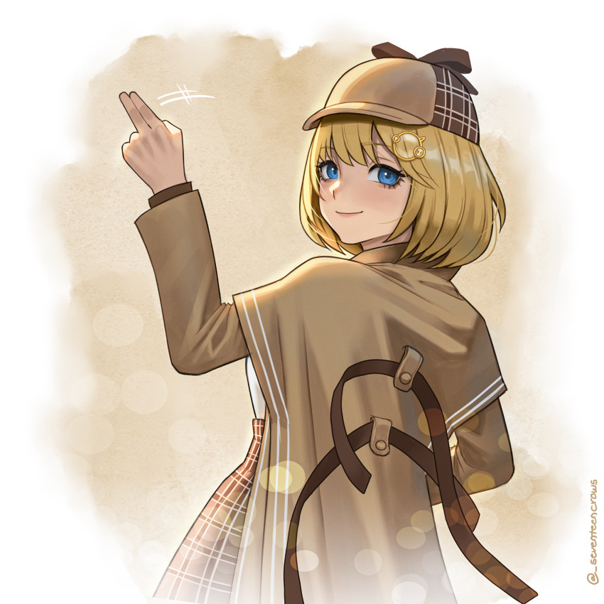 Safebooru - 1girl blonde hair blue eyes deerstalker from behind hair ornament hat highres ...