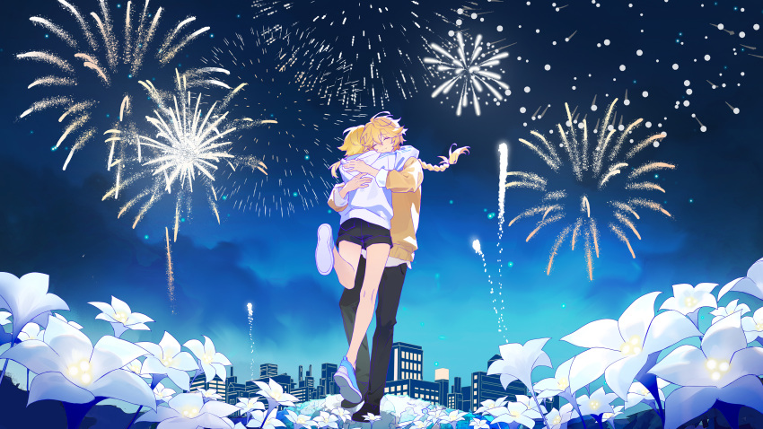 Safebooru - 1boy 1girl absurdres aether (genshin impact) black pants black shorts blonde hair ...