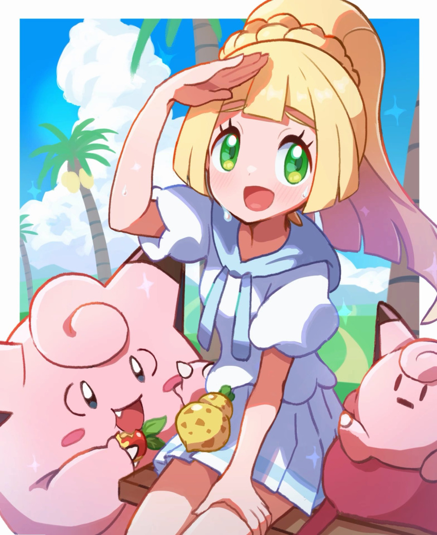 Safebooru - 1girl bangs berry (pokemon) blonde hair blue sky blunt bangs clefairy clouds dress ...