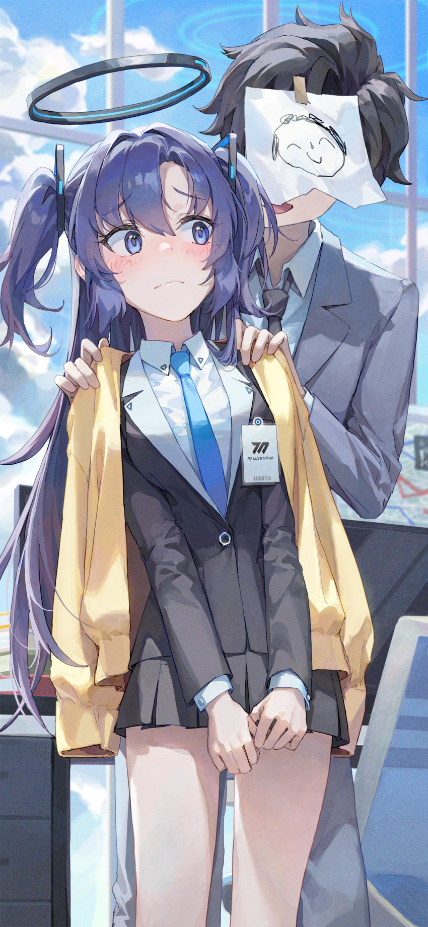 Safebooru - 1boy 1girl absurdres black halo blue archive blue necktie collared shirt doodle ...