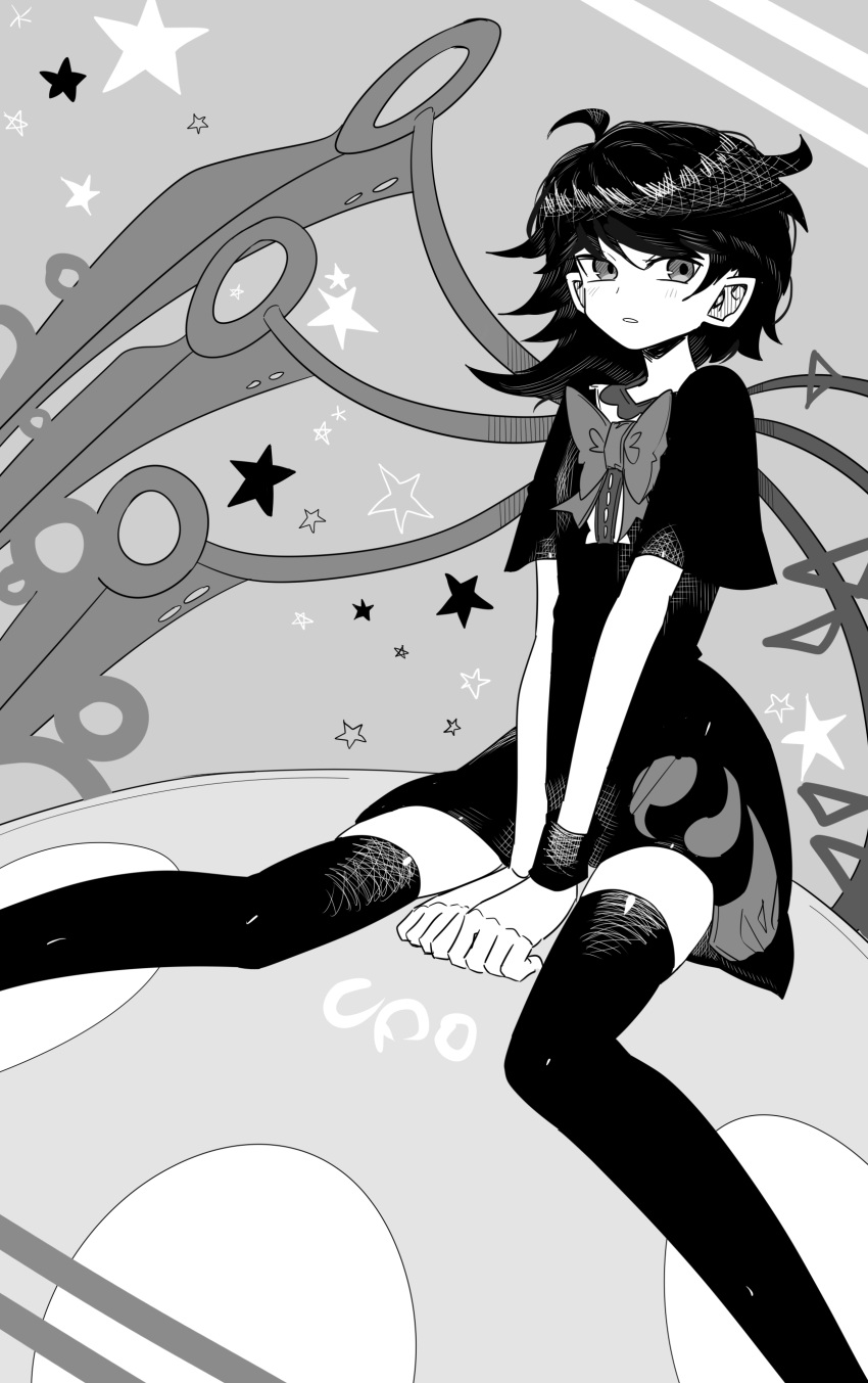 Safebooru - 1girl absurdres asymmetrical wings black dress black hair black thighhighs bow dress ...