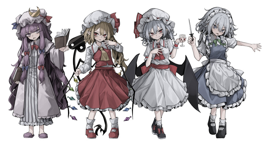 Safebooru - 4girls absurdres apron ascot bags under eyes bat wings black footwear black wings ...