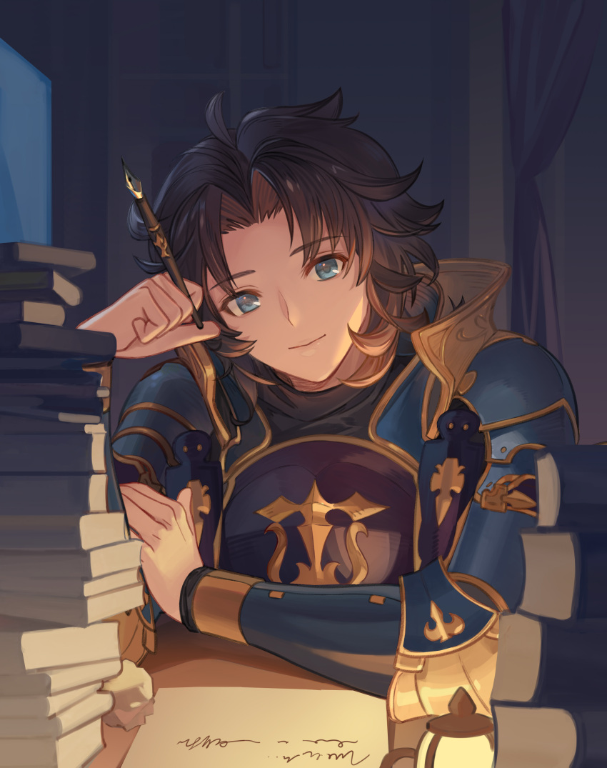 Safebooru - 1boy absurdres armor black hair blue armor blue eyes book book stack elbow rest ...