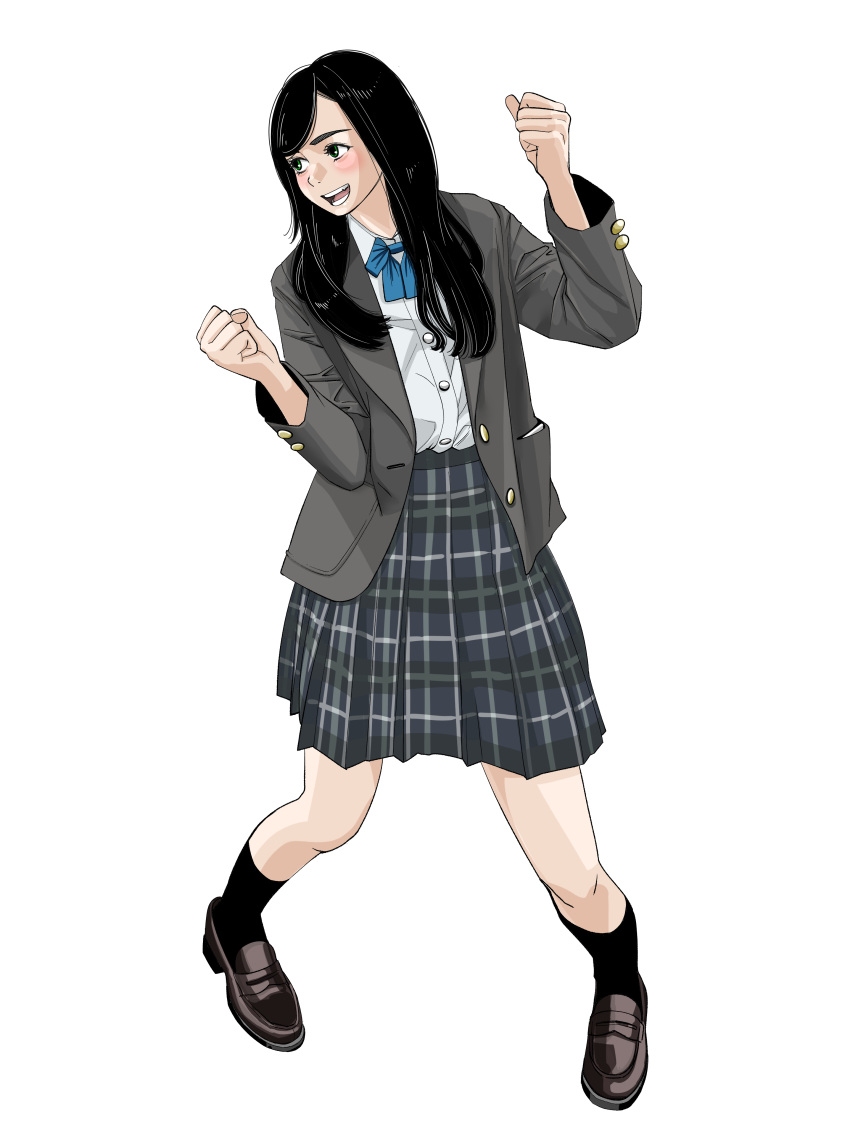 Safebooru - 1girl :d absurdres black hair black socks blazer blue bow bow brown footwear grey ...