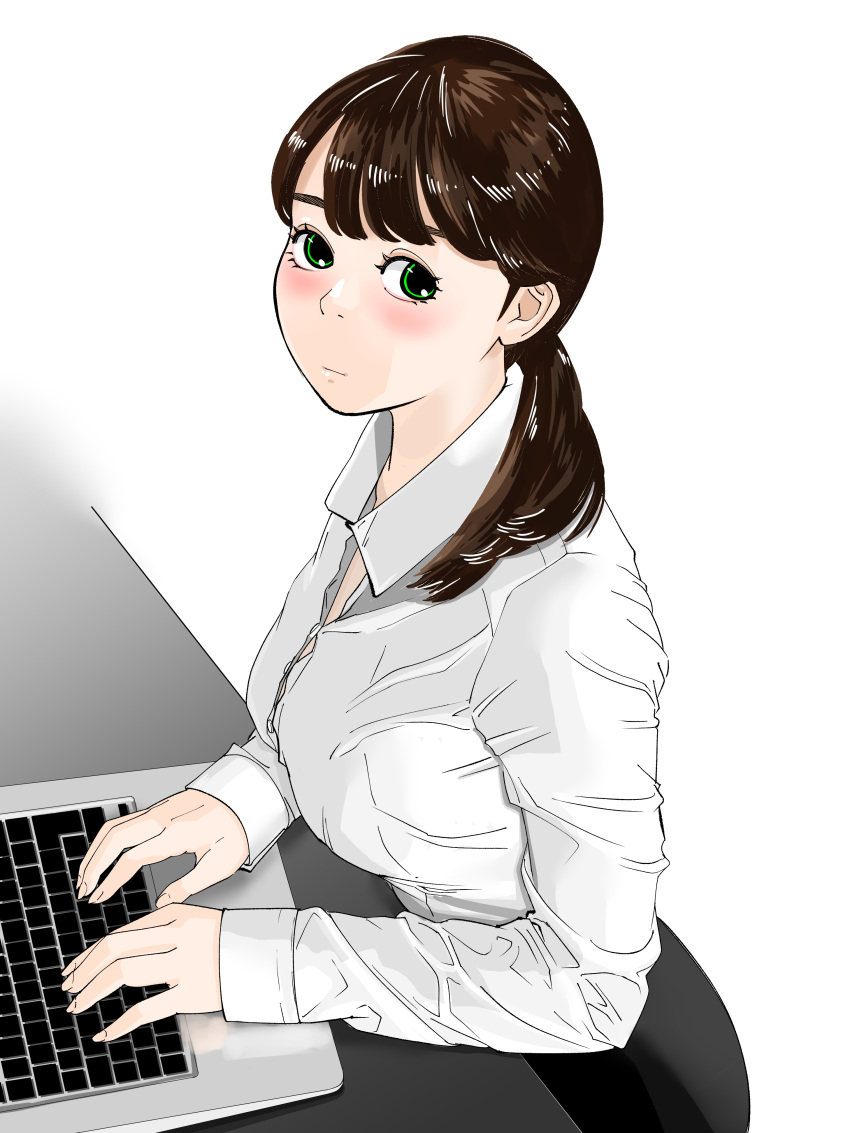 Safebooru - 1girl absurdres black skirt blush breasts brown hair computer green eyes highres ...
