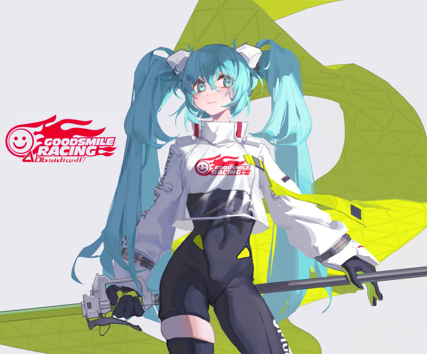 Safebooru - 1girl :3 aqua eyes aqua hair black gloves black thighhighs bodysuit breasts chinese ...