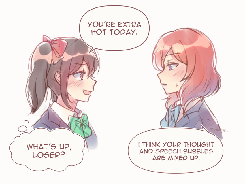 Safebooru - 2girls black hair blue eyes blush bow english text hair bow highres implied yuri ...