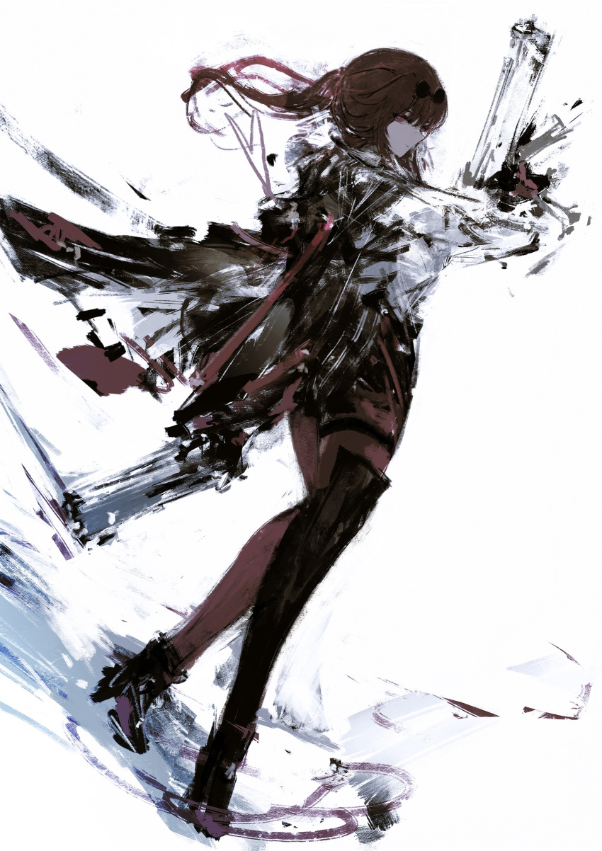 Safebooru - 1girl absurdres asymmetrical legwear black jacket black shorts boots dual wielding ...