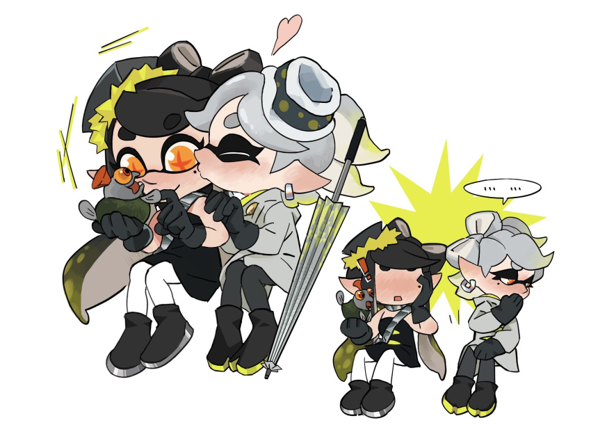 Safebooru - 2girls black hair callie (splatoon) coat covering own mouth flustered highres kiss ...