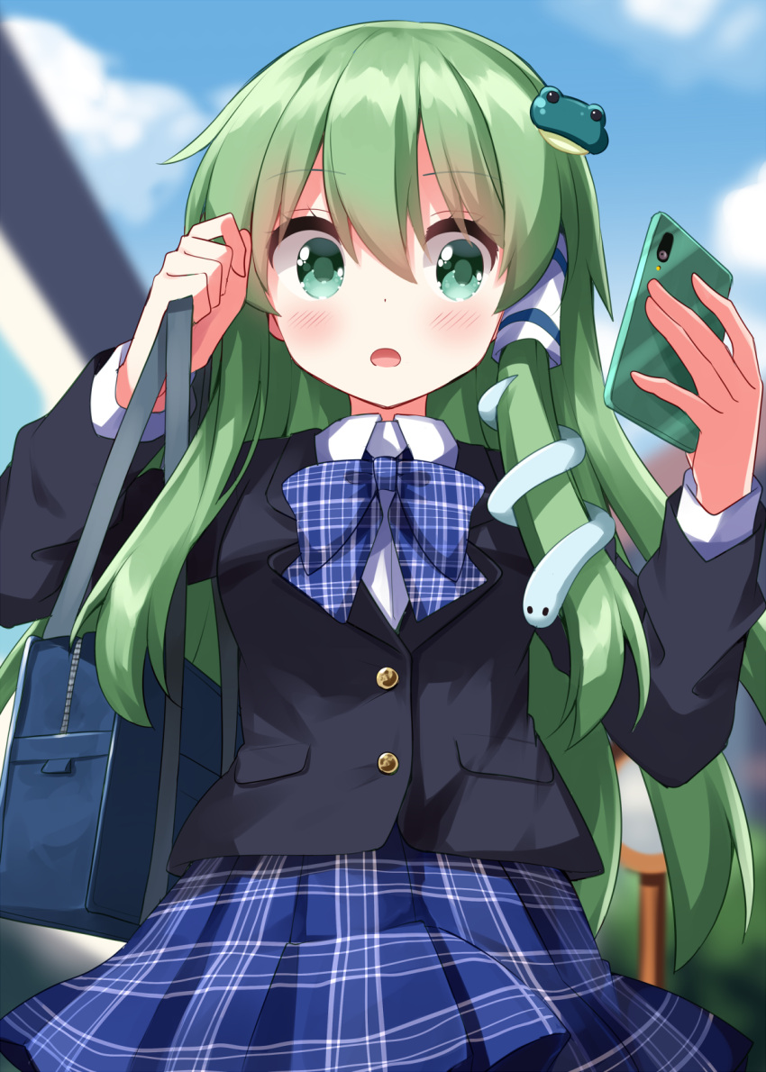 Safebooru - 1girl arms up bag black jacket blazer blue bow blue bowtie blue skirt blurry blurry ...