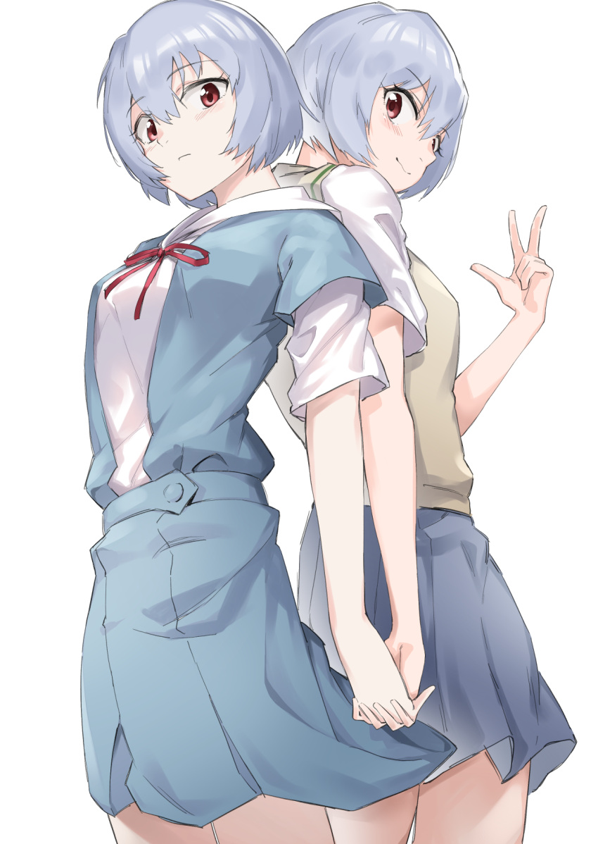 Safebooru - 2girls ayanami rei back-to-back blue hair blue skirt blush ...