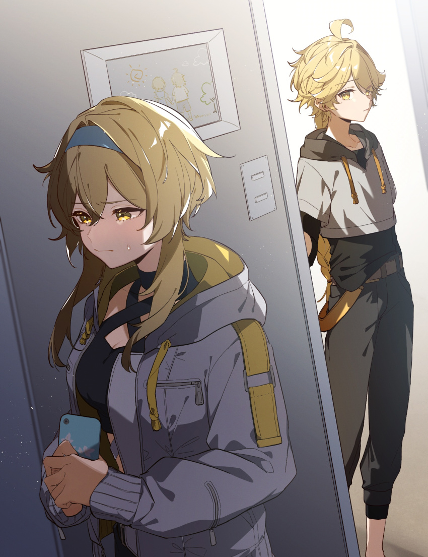 Safebooru - 2boys aether (genshin impact) aiwo o lite black hoodie black pants black shirt ...