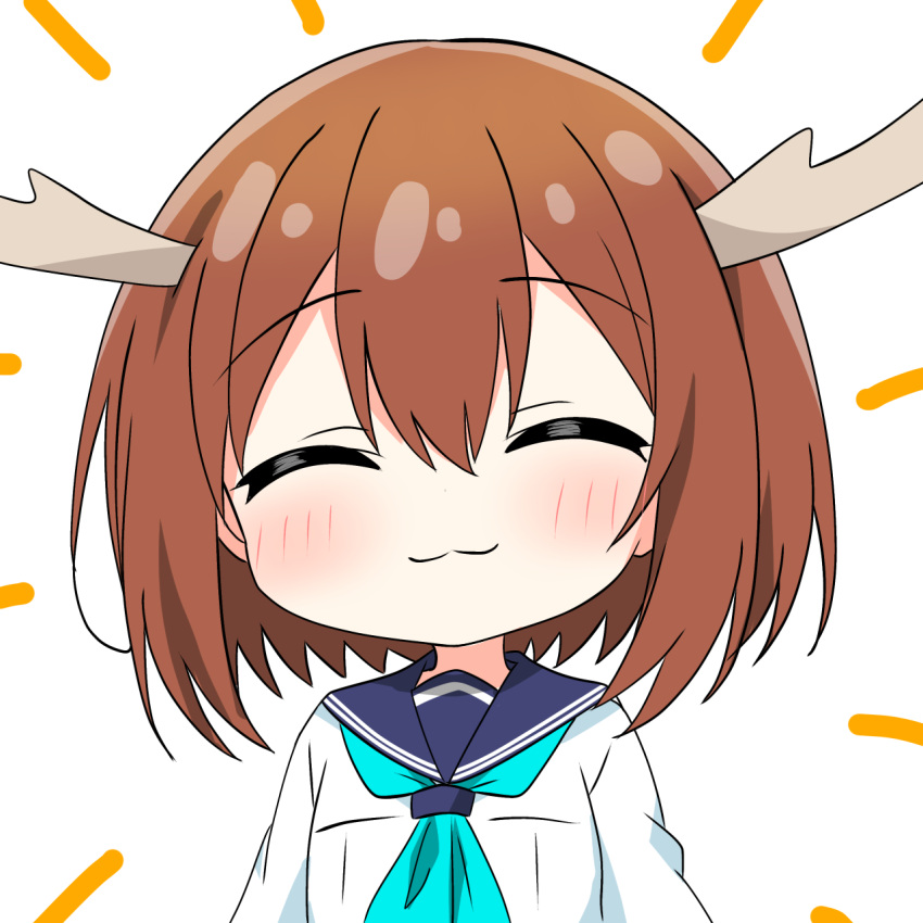 Safebooru - 1girl :3 antlers blush brown hair chibi closed eyes ...