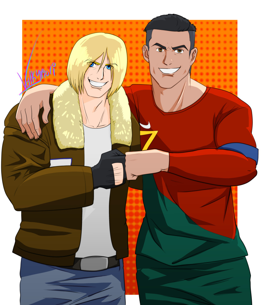 Safebooru - absurdres belt black hair blonde hair blue eyes brown eyes brown jacket cristiano ...