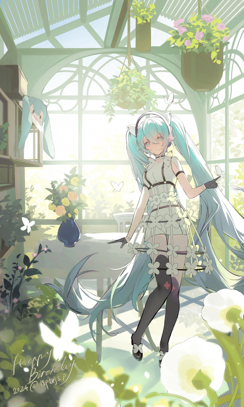 Safebooru - 1girl absurdres aqua eyes aqua hair black gloves black thighhighs bug butterfly ...