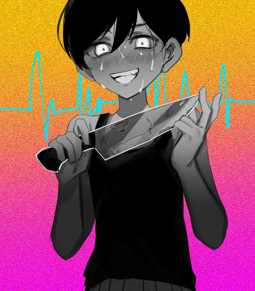 Safebooru - 1boy black hair black tank top colored skin grin highres ...