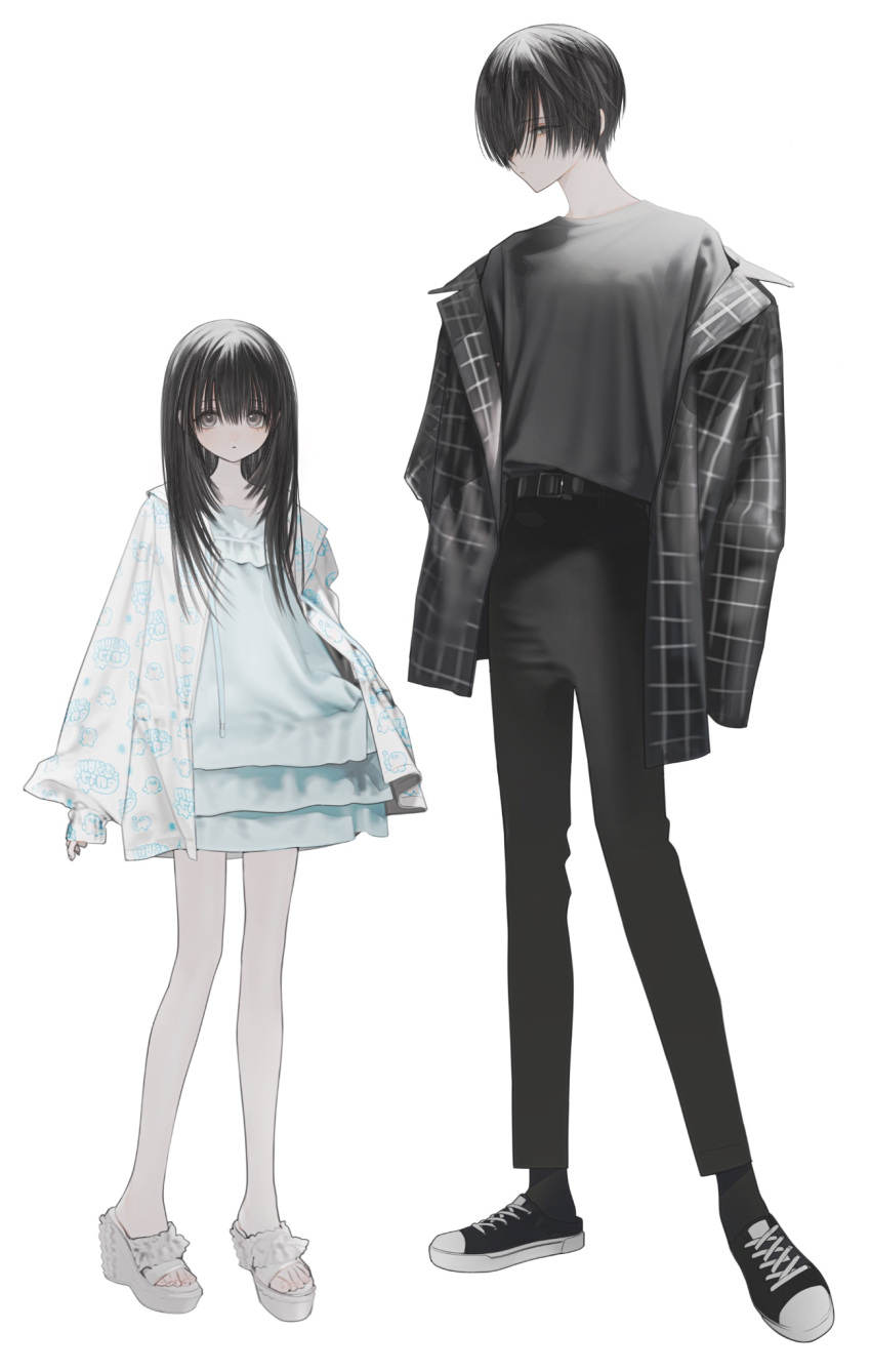 Safebooru - 1boy 1girl belt black hair black pants blue dress brother and sister dress ...