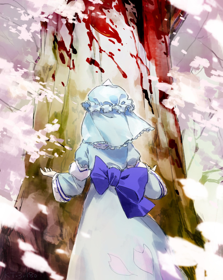 Safebooru - 1girl blood blue dress blue hat cherry blossoms cowboy shot dress from behind hat ...