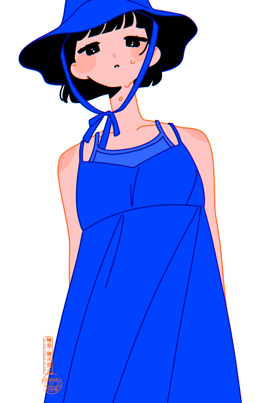 Safebooru - 1girl absurdres arms behind back artist logo black eyes black hair blue camisole ...