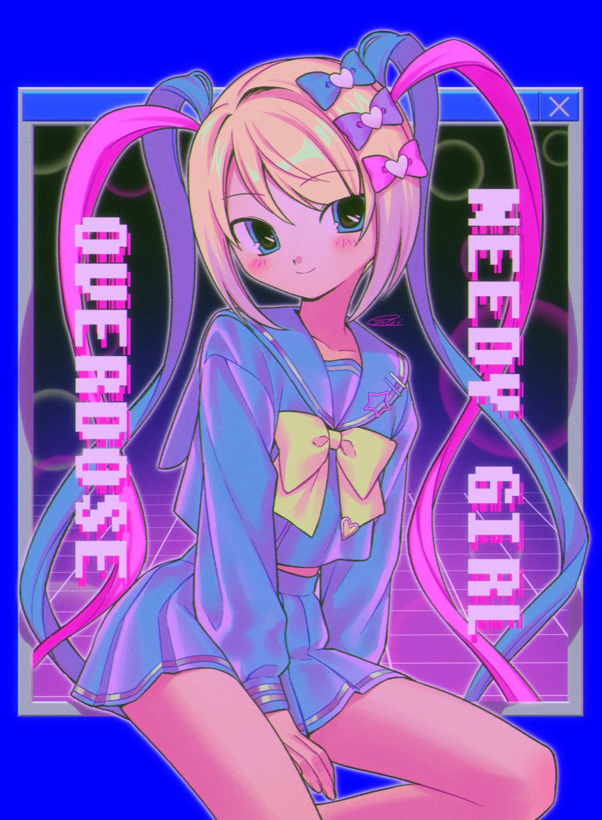 Safebooru - 1girl arm at side arm between legs arm support blonde hair blue bow blue eyes blue ...