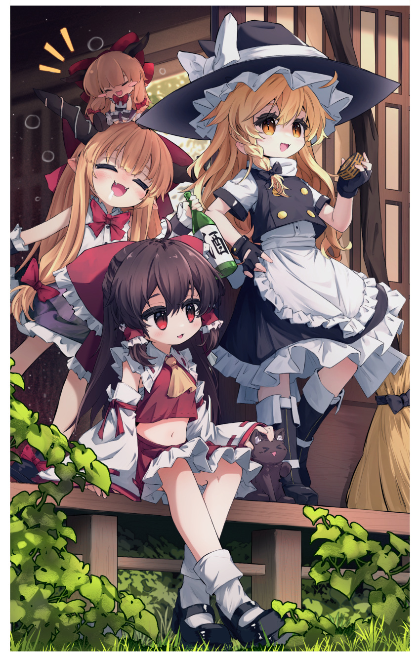 Safebooru - 1girl 4girls apron ascot black cat black footwear black hat ...