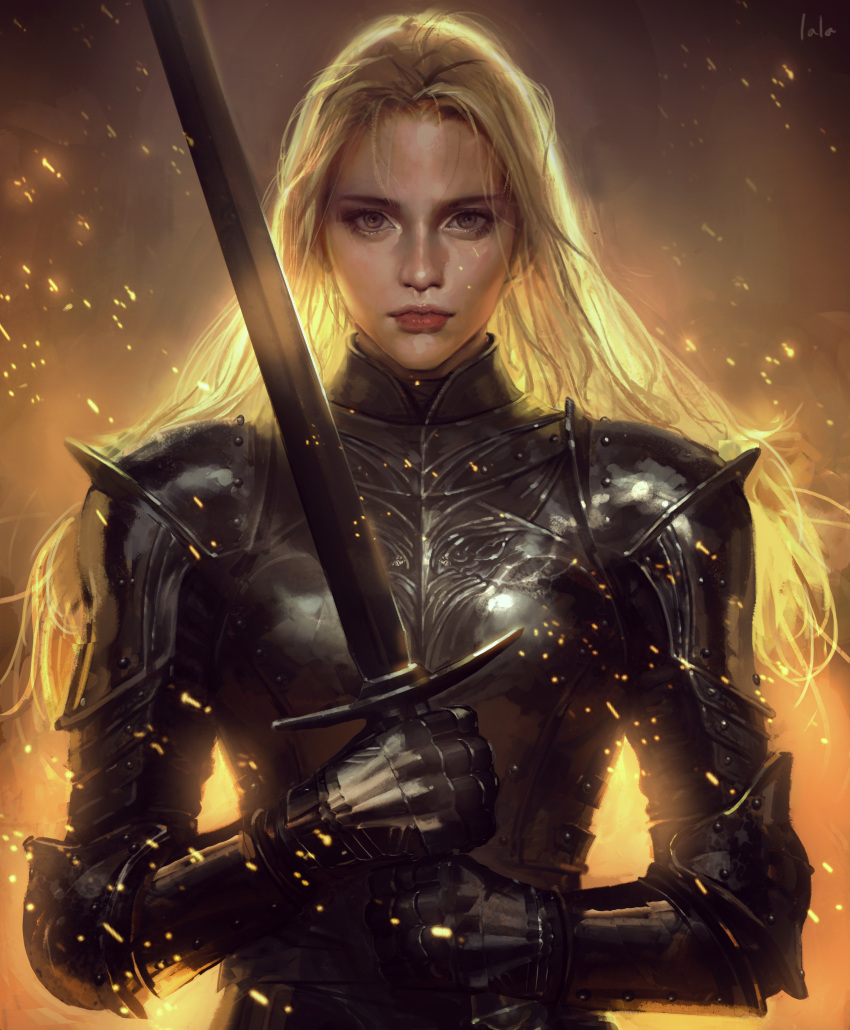 Safebooru 1girl Absurdres Armor Blonde Hair Embers Highres Holding 0178