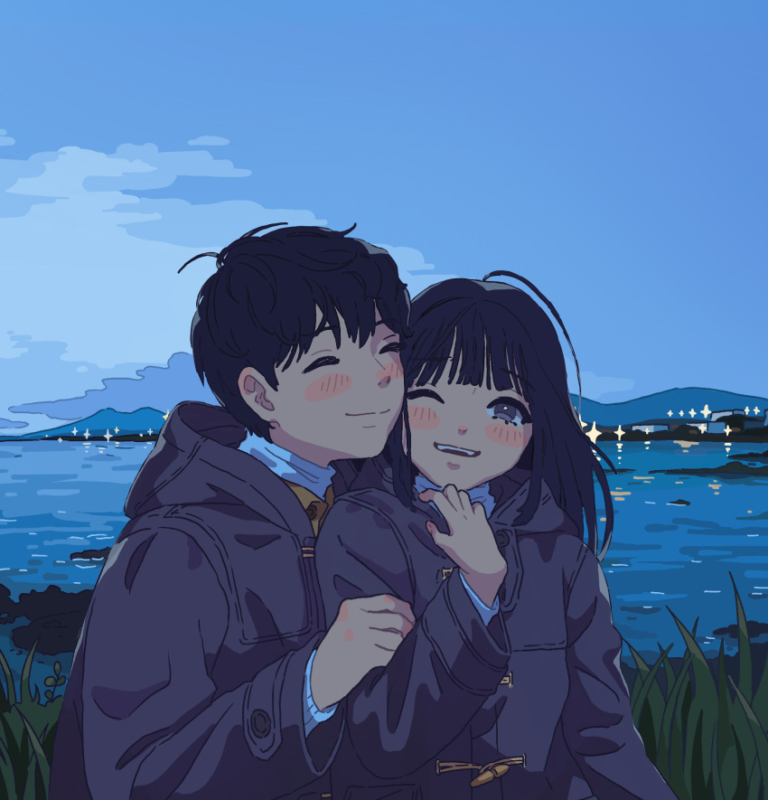 Safebooru - 1boy 1girl ;) black coat black hair blue sky blush closed eyes coat couple grass ...