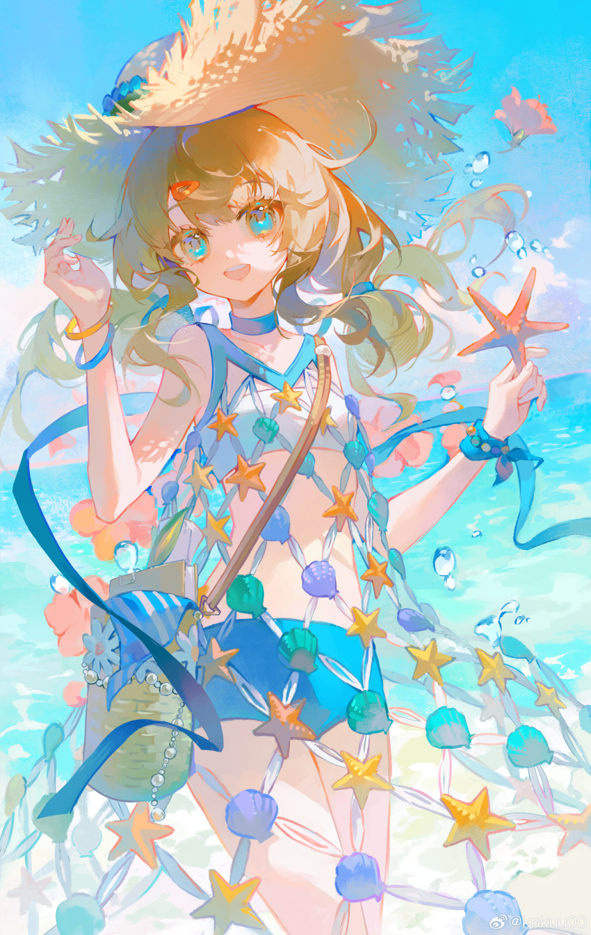 Safebooru - 1girl :d absurdres animal bag beach blue choker blue eyes blue shorts blue sky ...