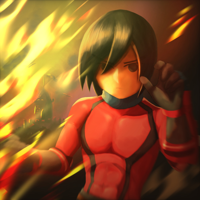Safebooru - 1boy abs black eyes black hair bodysuit closed mouth fire gloves highres looking at ...