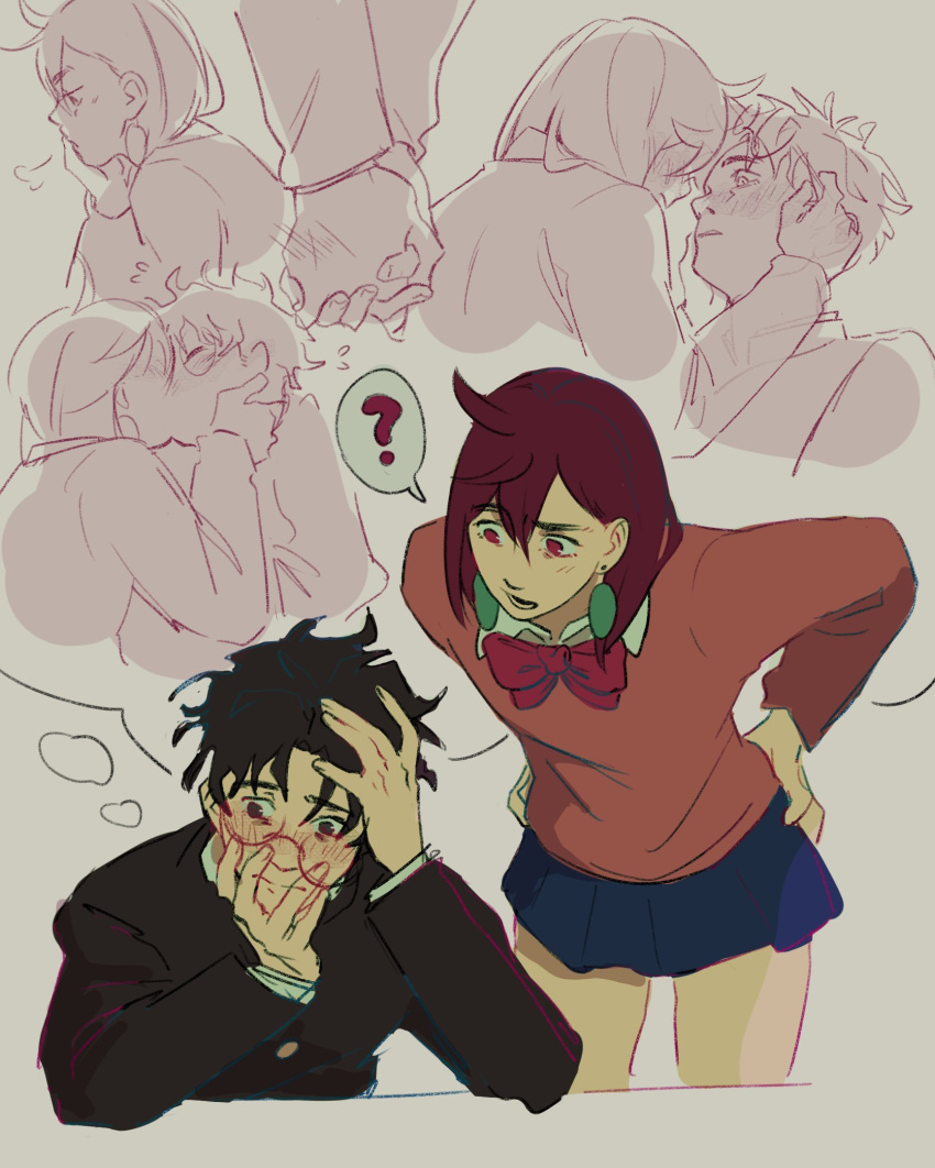 Safebooru - 1boy 1girl ? averting eyes ayase momo black hair black jacket blue skirt blush bow ...