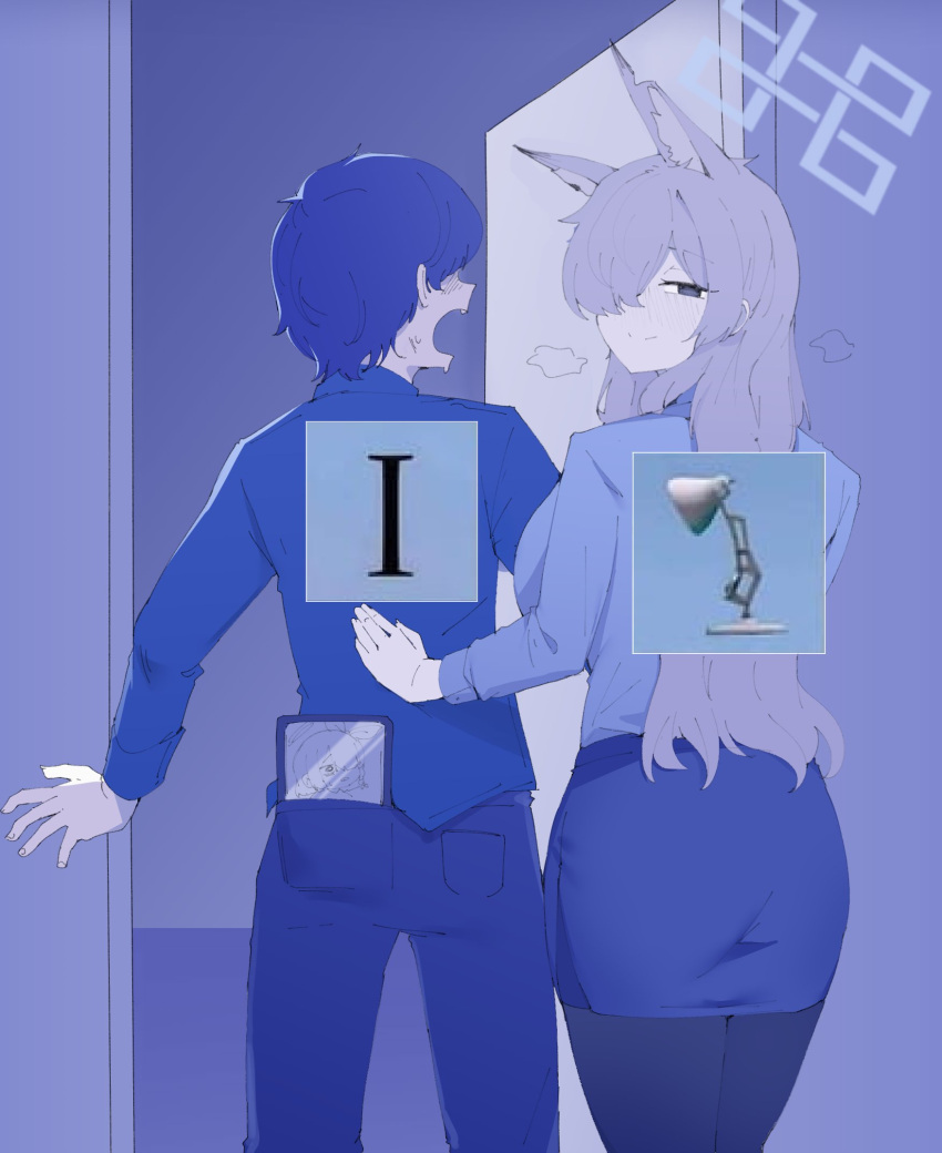 Safebooru - 1boy 2girls animal ear fluff animal ears arona (blue archive) black pantyhose blank ...