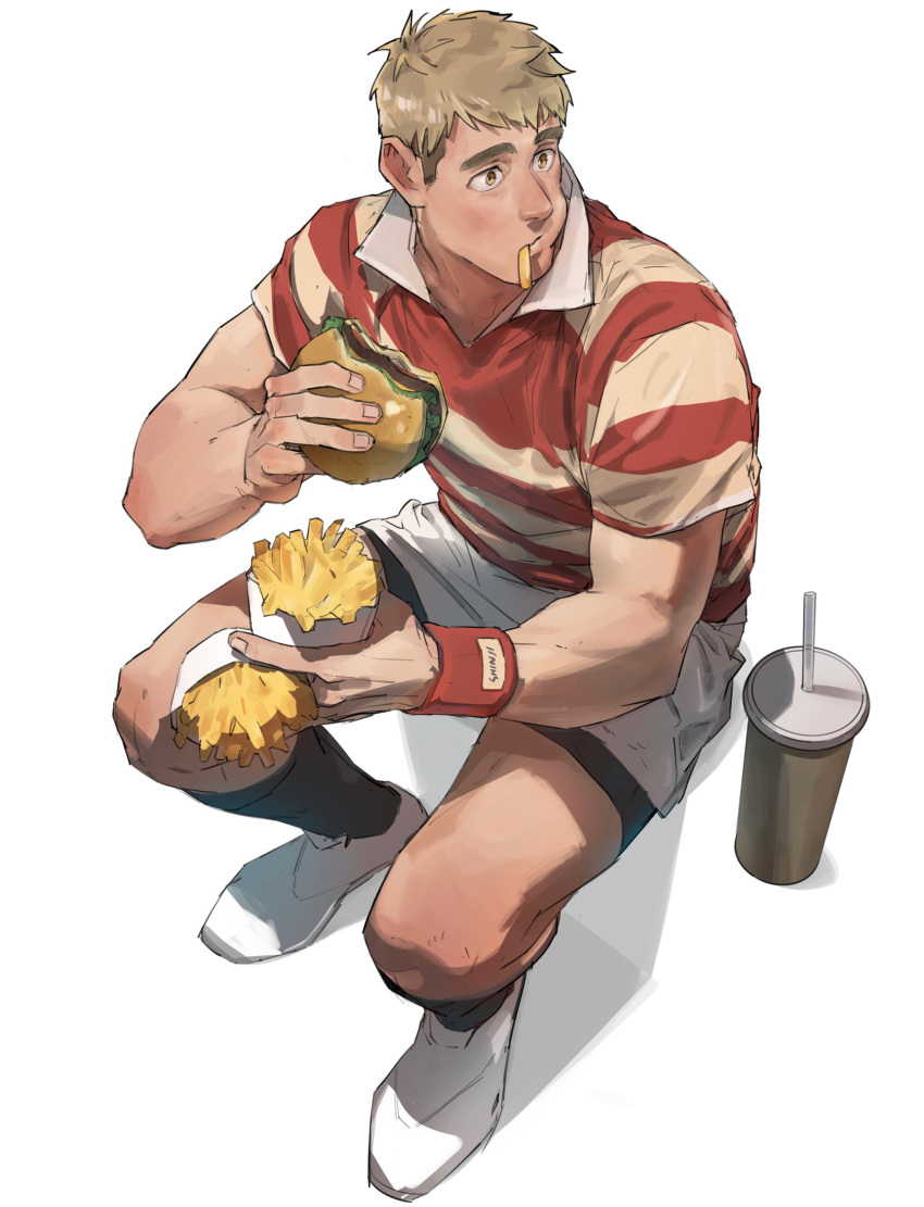 Safebooru - 1boy artbyshinji black socks blonde hair burger collared shirt commentary request ...
