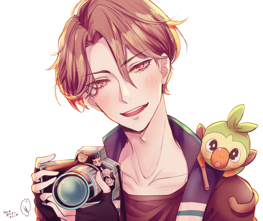 Safebooru - 1boy :d alolan meowth animal on shoulder black gloves blush ...