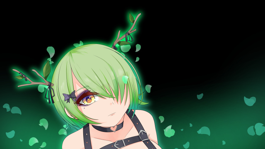 Safebooru - 1girl absurdres antler ribbon antlers black background black bow black choker bow ...
