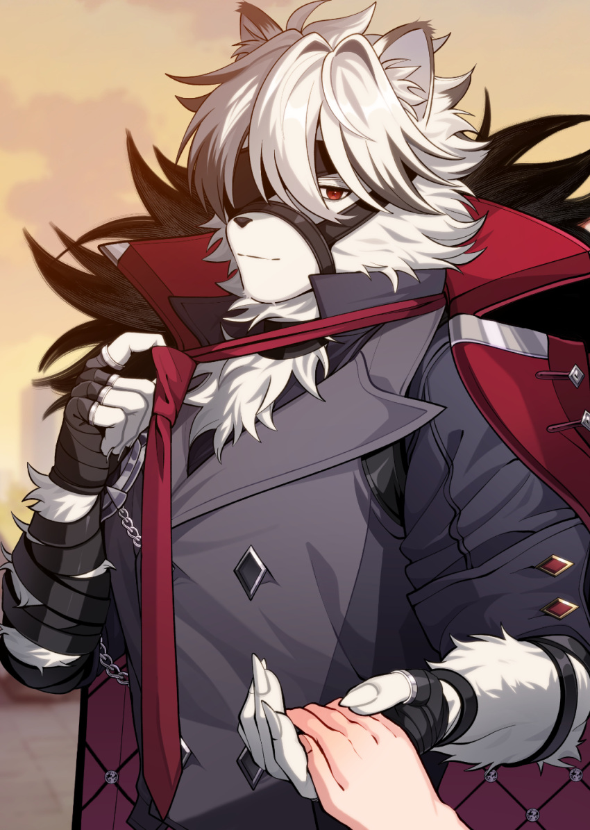 Safebooru - 1boy animal ears black gloves black shirt black vest brown background coat coat on ...