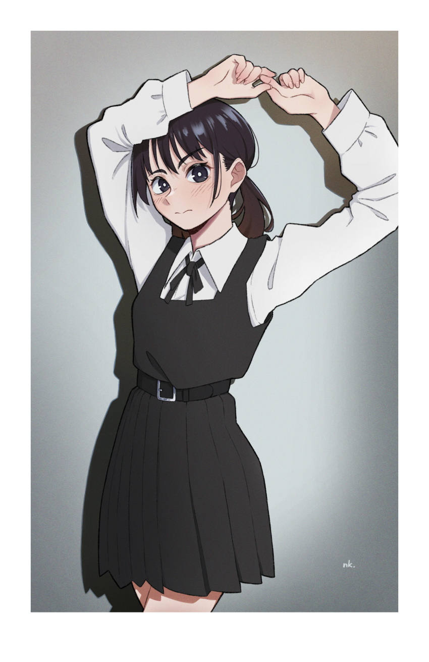 Safebooru - 1girl arms up bangs black hair border chainsaw man dress fourth east high school ...