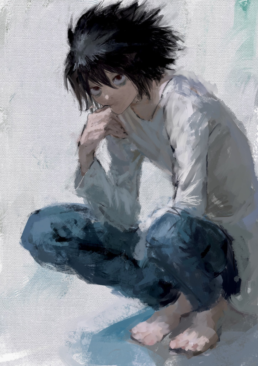 Safebooru - 1boy bags under eyes barefoot black eyes black hair blue ...