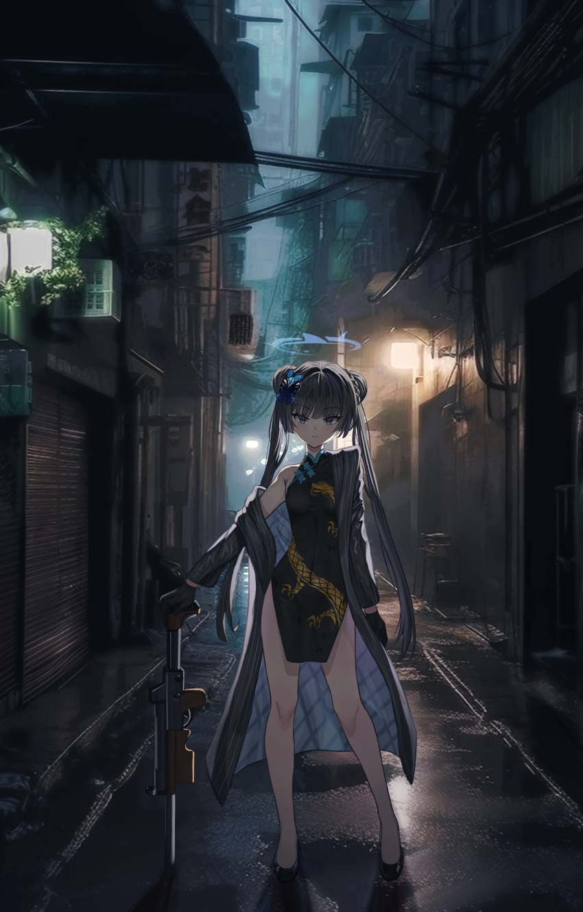 Safebooru - 1girl absurdres alley bare legs black footwear black gloves black hair blue archive ...