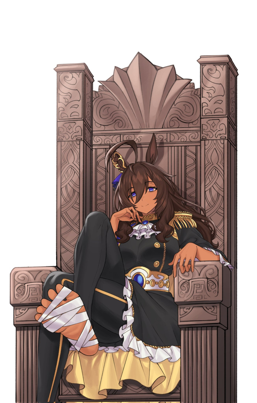 Safebooru - 1girl ahoge alternate hairstyle ascot bandaged foot bandages black pants blue ...