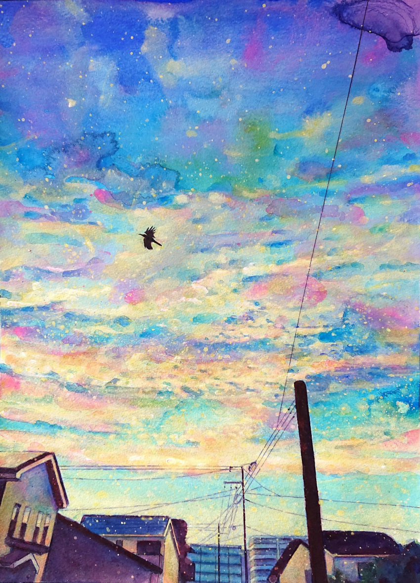 Safebooru - absurdres acrylic paint (medium) animal bird blue sky cable ...