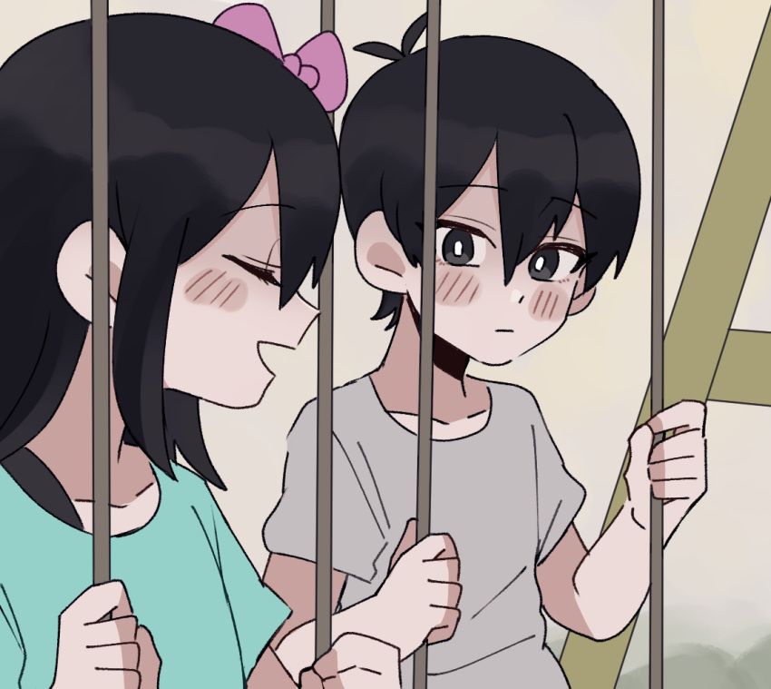 Safebooru - 1boy 1girl andou (sino spkt) aubrey (omori) black eyes black hair blush bow closed ...