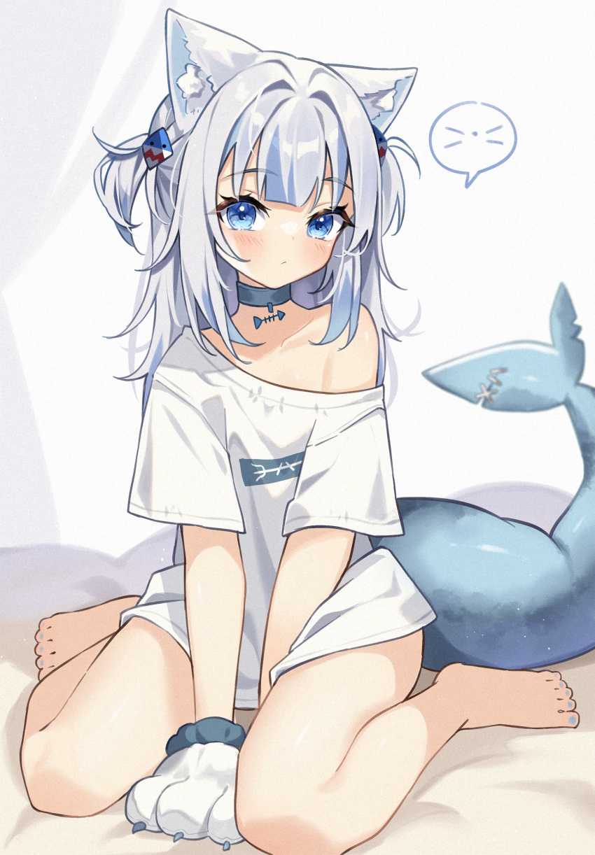 Safebooru - 1girl absurdres alternate costume animal ears animal hands bare legs barefoot blue ...