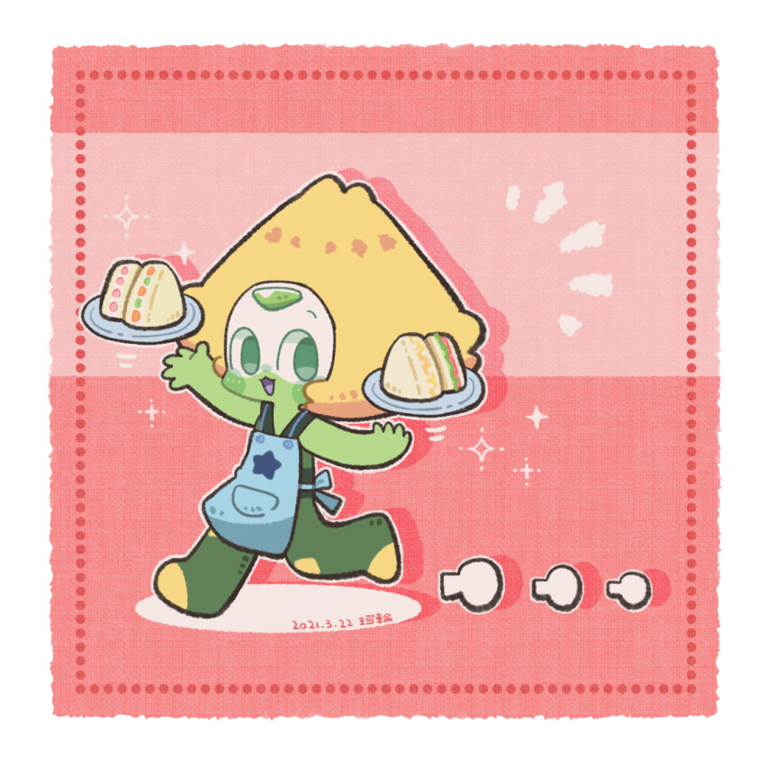 Safebooru - 1girl apron blonde hair blue apron blush stickers border ...