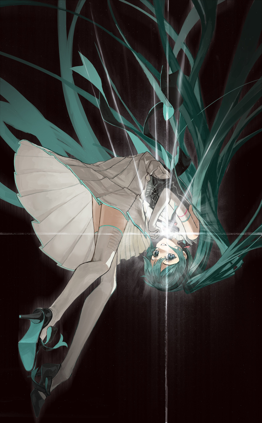 Safebooru - 1girl absurdres aqua eyes aqua hair black background black footwear blue eyes ...