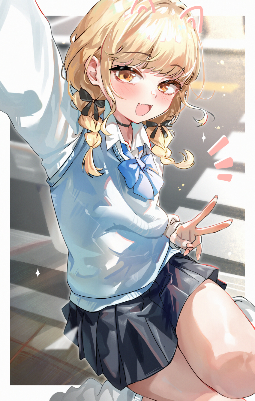 Safebooru - 1girl absurdres bare legs black skirt blonde hair blue bow blue bowtie blue sweater ...