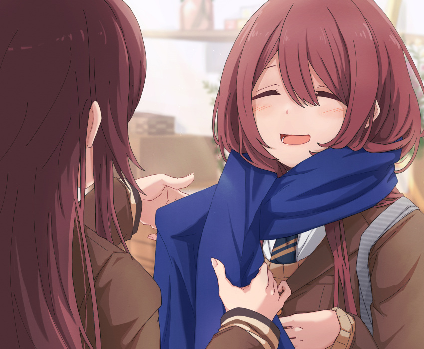 Safebooru - 2girls ^ ^ adjusting another's clothes adjusting scarf blue scarf blush brown jacket ...
