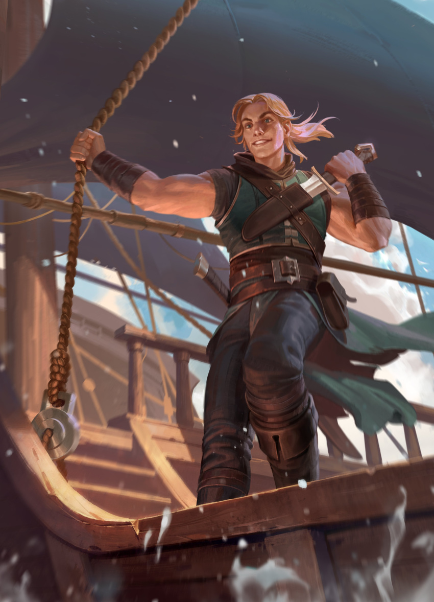 Safebooru - 1boy absurdres belt black pants blonde hair blue eyes boots brown belt brown ...