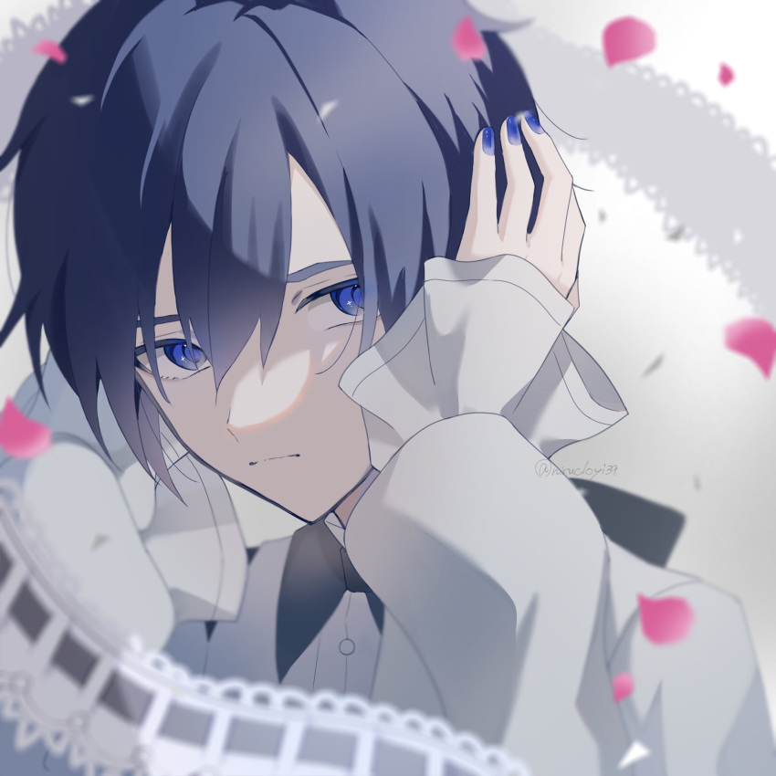 Safebooru - 1boy 25-ji kaito arms up blue eyes blue hair blue nails closed mouth commentary ...