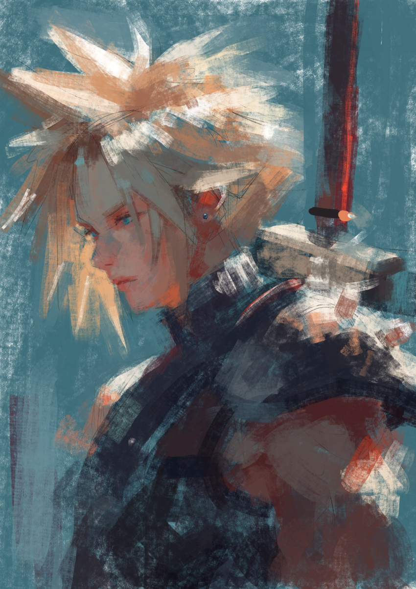 Safebooru - 1boy absurdres armor blonde hair blue background blue eyes cloud strife ...